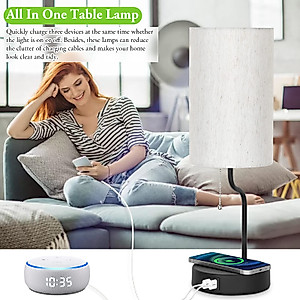 Wireless Charging Bedside Lamps with 2 USB Ports, Set of 2 Table Lamps for Bedroom, Modern Nightstand Lamps, Desk Lamps with E26 Socket Round Fabric Lampshade for Living Room Office Reading Working