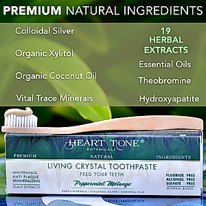 Heart Tone Botanicals Living Crystal Toothpaste | Fluoride Free | Natural & Remineralizing Hydroxyapatite Toothpaste | Sensitive Teeth | Colloidal Silver, Theobromine, Strengthens Enamel | Minty Fresh