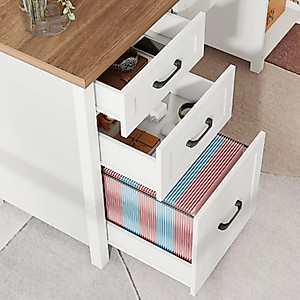 Farmhouse 61'' Executive Desk with 5 Drawers, Rustic Office Desk Computer Desk with Charging Station, File Drawers and Storage Cabinet, Wood Workstation for Home Office and Study, Untique White