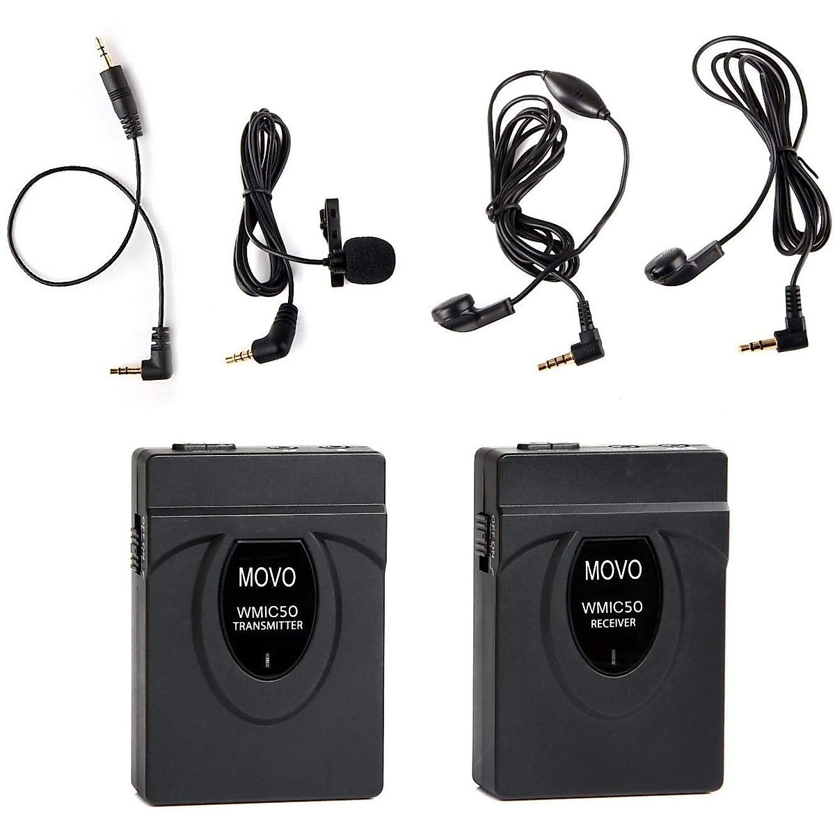Movo WMIC50 2.4GHz Wireless Lavalier Microphone System with Integrated 164-foot Range Antenna (includes Transmitter with Belt Clip, Receiver with Camera Shoe, Lapel Mic and 2 Earphones)