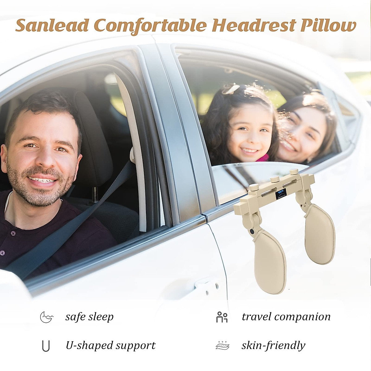 SanLead Car Headrest Pillow Beige, Adjustable Car Seat Head Neck Support, Memory Foam Road Pal Headrest, U Shaped Kids Car Sleeping Pillow for Travel