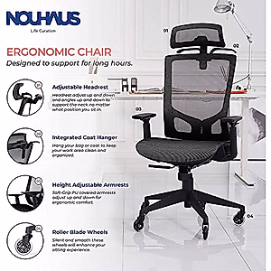 Nouhaus ErgoTASK – Ergonomic Task Chair, Computer Chair and Office Chair with Headrest. Rolling Swivel Chair with Rollerblade Wheels (Black)