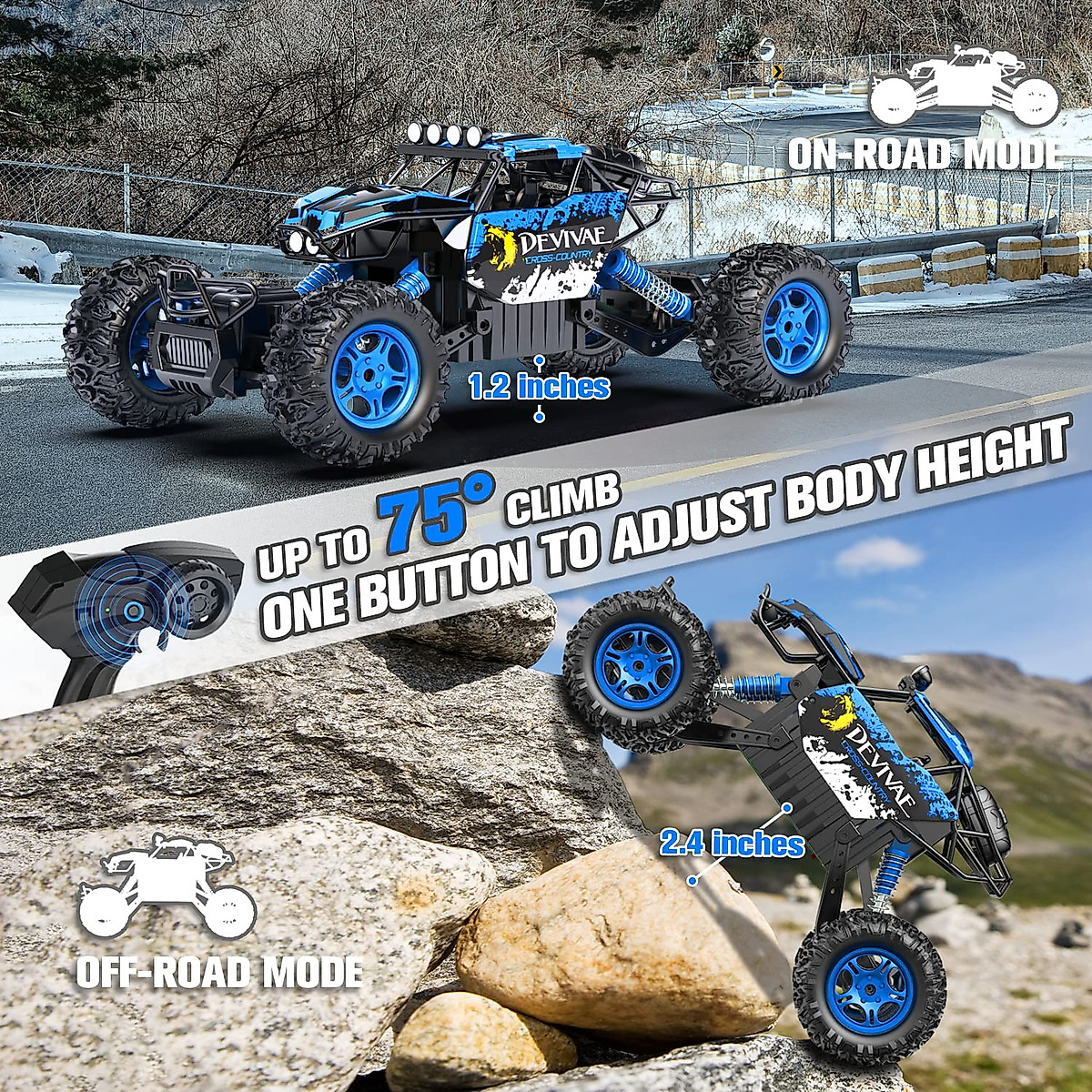 CROBOLL 1:12 Large Remote Control car for Boys Kids with Lifting Function,4WD RC Cars Electric Monster Truck Toy Gifts 4X4 Off-Road RC Rock Crawler 2.4GHz RC Truck with 2 Batteries(Blue)