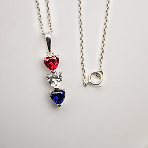 Silver Smile Solid Sterling Silver Three Stone 2.25 CTW Lab-Grown Ruby, White, Blue Heart Shaped Gemstone Pendant Necklace | Patriotic Pendant | Gift for Birthdays and Anniversary For Her