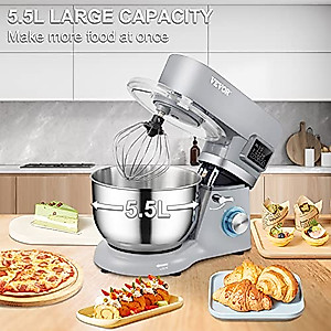 VEVOR Stand Mixer, 660W Electric Dough Mixer with 6 Speeds LCD Screen Timing, Tilt-Head Food Mixer with 5.8 Qt Stainless Steel Bowl, Dough Hook, Flat Beater, Whisk, Scraper, Splash-Proof Cover - Gray