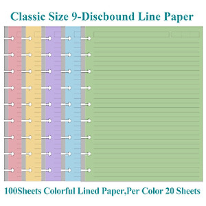 9-Disc Discbound 5 Colorful Line Paper Pre-punched Happy Planners Inserts, 100Sheets/200Pages Classic Size Line Loose-Leaf Paper, Per Color 20 Sheets, 7" x 9.25"