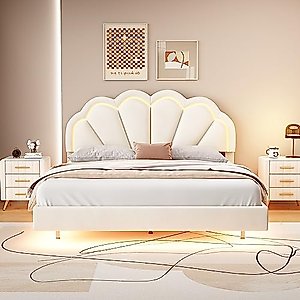 HZXINKEDZSW Queen Upholstered Bed with Elegant Flowers Headboard,Floating Velvet Platform Bed with Wooden Slats Support,Upholstered Smart LED Bed Frame for Kids Boys Girls Bedroom (Beige, Queen)