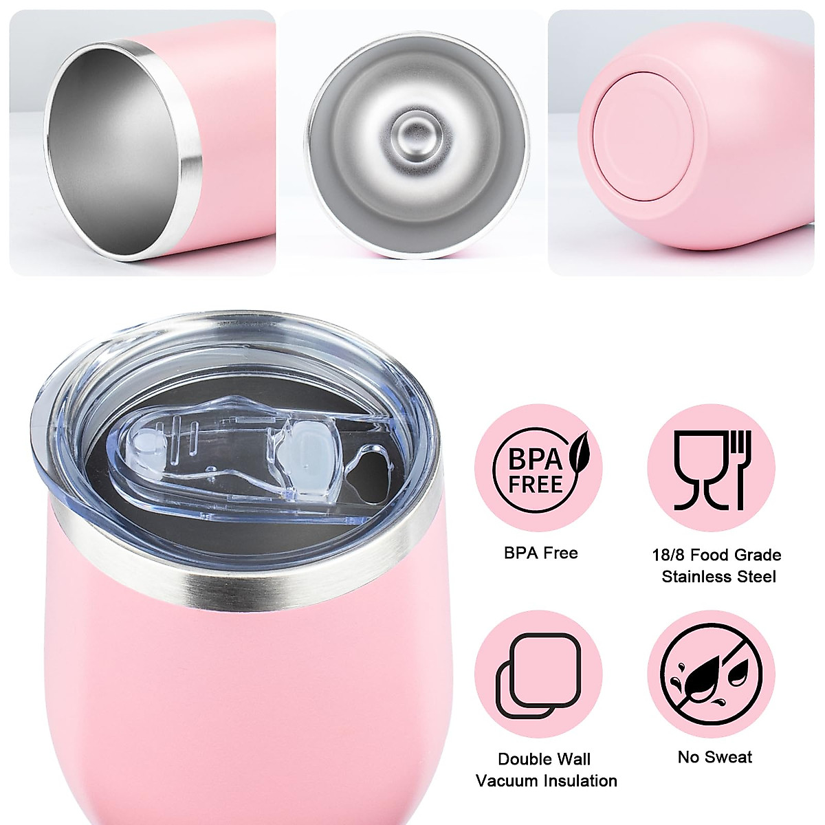 MEZMUT 12oz Insulated Wine Tumbler with Lid Double Wall Vacuum Stainless Steel Wine Glass Coffee Mug Insulated Tumbler Cup for Champaign, Cocktail, Beer (Pink, 1 Pack)