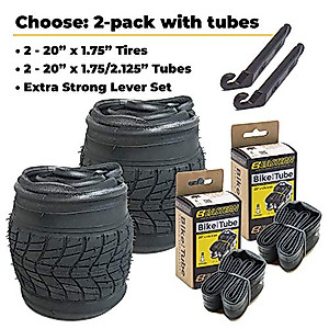 20 Inch Bike Tire Packages for Kids and BMX Tires. Fits 20x1.75 Bike Tube , Tire, Rims, Front or Rear Wheels. Includes Tire Tools. With or Without Tubes. 1 Pack or 2 Pack. (2 Tires - With Tubes)