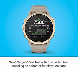 Garmin fenix 6s Pro Solar, Smaller-Sized Multisport GPS Watch with Solar Charging Capabilities, Advanced Training Features and Data, Light Gold with Tan Band