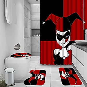 4 Piece American Firefighter Flag Shower Curtain Sets with Harley 12 Hooks for Bathroom Sets Decor, Non-Slip Rugs and Quinn Toilet Mat Lid Rug Accessories Print,Waterproof(72x72 Inch)