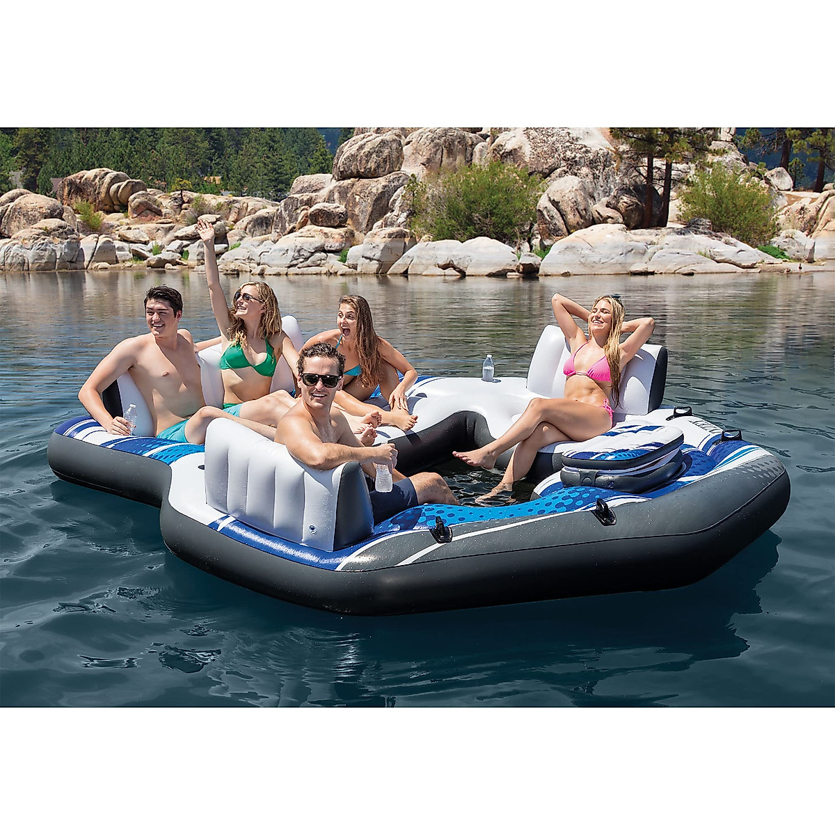 Intex Blue Tropic Inflatable 5 Person Raft or Swimming Pool Island Water Floating Lounger Raft with Backrests, Built in Cooler, and 4 Cupholders