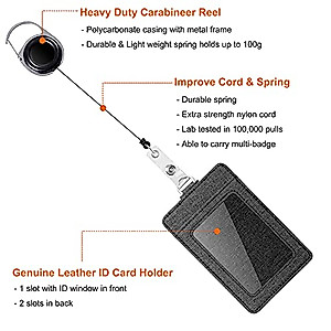 Life-Mate Badge Holder - Leather ID Card Holder Wallet Case with 3 Cards Slot and Neck Lanyard/Strap. Additional Retractable Badge Reel with Belt Clip (Black, Linen Finish)