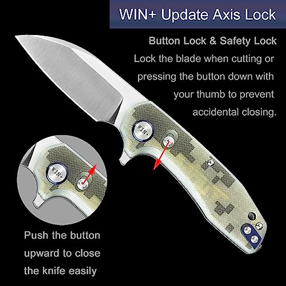 WIN+ Pocket Knife, Folding Knife with Button Lock, EDC Knife with Axis Lock and Ball Bearing, D2 Tactical Knife with G10 Handle, Survival Knives for Camping W3435 (B-Camo-G10)