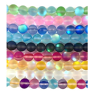 Beadalgo - Frosted Aura Crystal Mermaid Glass Beads 6mm, 8mm, 10mm, 12mm - 15 inch Strand (Rainbow, 10 mm)