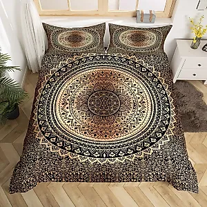 Hippie Mandala Duvet Cover Set,Kids Brown Black Boho Art Bedding Set Queen Size,Aesthetic Comforter Cover for Teen Boys Girls Adult,Trippy Art Quilt Cover with 2 Pillow Cases(No Comforter)