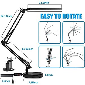 TROPICALTREE LED Desk Lamp with Clamp and Round Base,Eye Caring Table Lamp with Swing Arm,3 Color Modes 10 Brightness Levels,Memory Function, Desk Light for Home Office with USB Adapter Black-14W