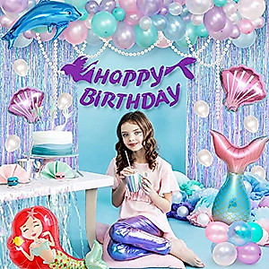 Winrayk 102Pcs Little Mermaid Birthday Decorations Party Supplies Girl Mermaid Balloon Arch Fringe Curtain Pearl String Birthday Banner Dolphin Shell Mermaid Tail Ocean Ariel Mermaid Party Decorations