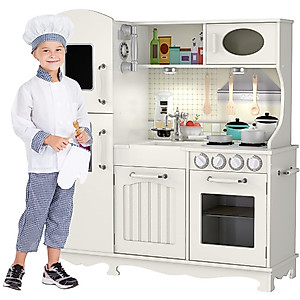 Play Kitchen - Wooden Kitchen Playset for Toddlers & Big Kids - Mini Pretend Toy Kitchenette for Boys & Girls - Vintage Phone, Refrigerator & Ice Maker, Sink, Pots, Pans, Cooking Utensils - Ages 3-10