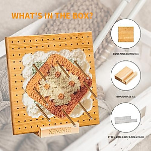 Crochet Blocking Board, Granny Square Blocking Board with 12 Stainless Steel Rod Pins, Gifts for Mothers & Grandmothers & Knitting and Crochet Lovers （Bamboo, 7.8"）