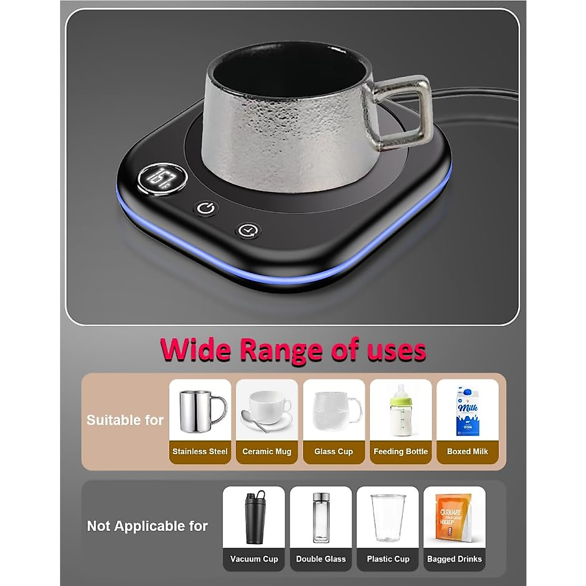 Mug Warmer,40W Coffee Mug Warmer for Desk with Temperature Display, 4H Auto Shut Off, 3 Temp Settings & 1-12H Timer, Smart Electric Beverage Warmer for Coffee, Tea, Water, Milk and Coco(Black)