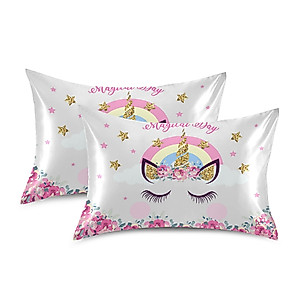 Dalzium Cute Unicorn Girl Print Satin Pillowcase for Hair and Skin, Unicorn and Pink Flowers Silk Pillow Case with Envelope Closure, Standard Size 20x26 inches, White, 1 PC