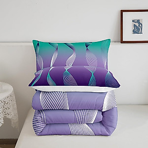Erosebridal Gradient Gradient Teal to Purple Comforter Set for Girls,Irregular Silver Stripe Wave Line Quilt Ombre Bedding Set King,Abstract Art Room Decor Aesthetic