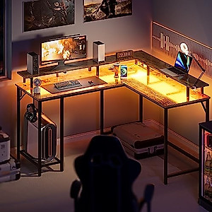 SUPERJARE L Shaped Computer Desk with Power Outlets & LED Lights, Gaming Desk with Monitor Stand & Storage Shelf, Home Office Desk Corner Desk with Hooks, Rustic Brown