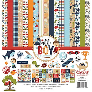 Echo Park Paper Company All Boy Collection Kit Paper, red, Green, Navy, Blue, Orange, Kraft, 12-x-12-Inch