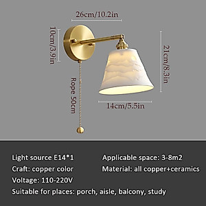 MAIYO Nordic Brass Metal Indoor Wall Light, White Ceramic Wall Lamp with Pull Cord Switch, Home Decorative Wall Sconce, for Bedroom Living Room