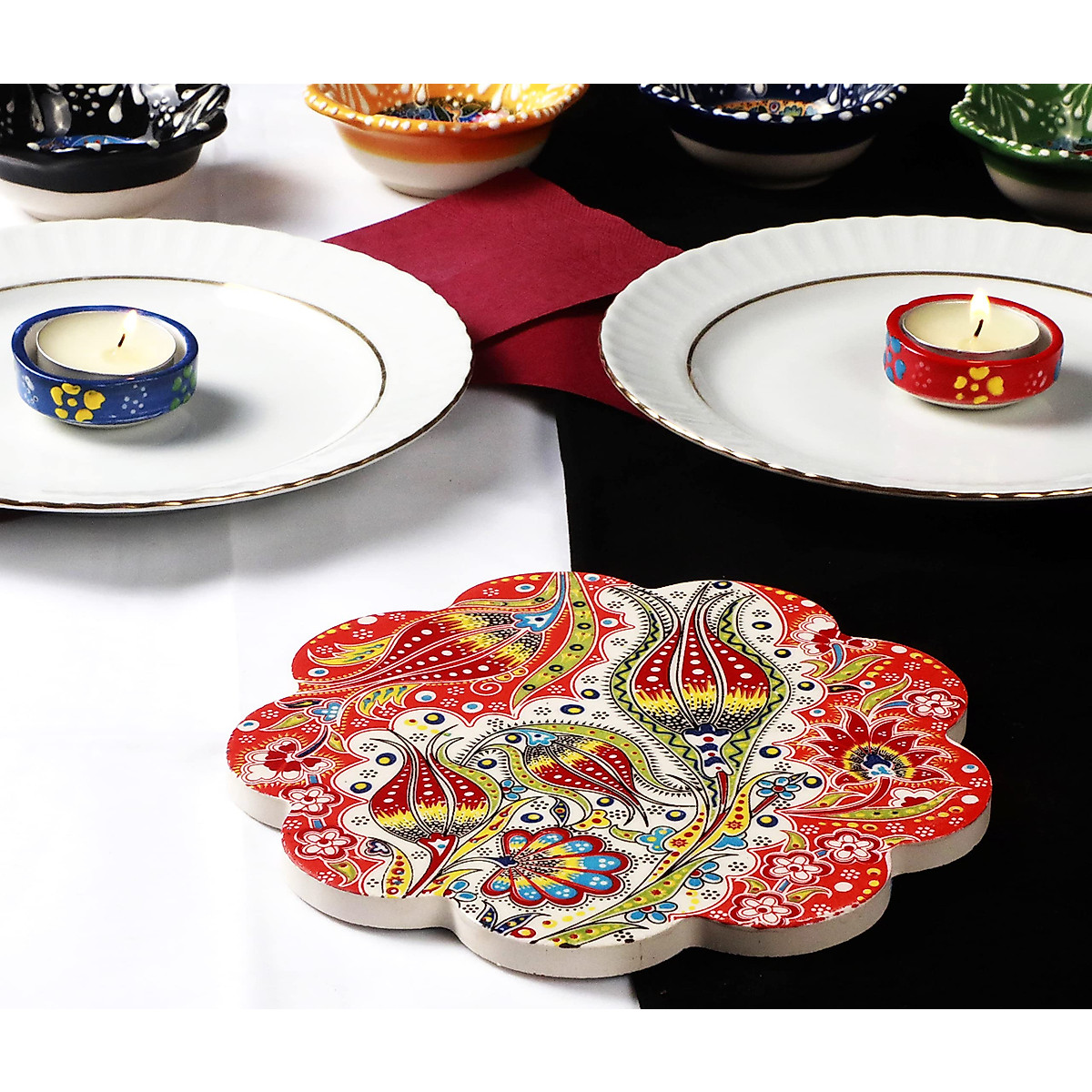 Küchengeräte 18 cm/7" inc Hand Painted Decorative Tulip Patterned Turkish Ceramic Trivet Coaster - Very Stylish - Scratch Proof Heat Resistant & Great Kitchen Home Office Decor - Best Gift Idea