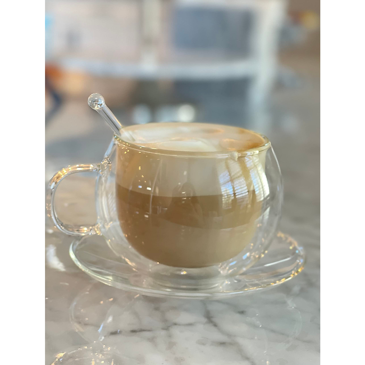 Double Wall Glass Coffee/Tea Mugs with Handle, Saucer and Glass Stirring Spoon- 8.7oz - Set of 2 - The Perfect Coffee/Tea Cups Affogato Cup