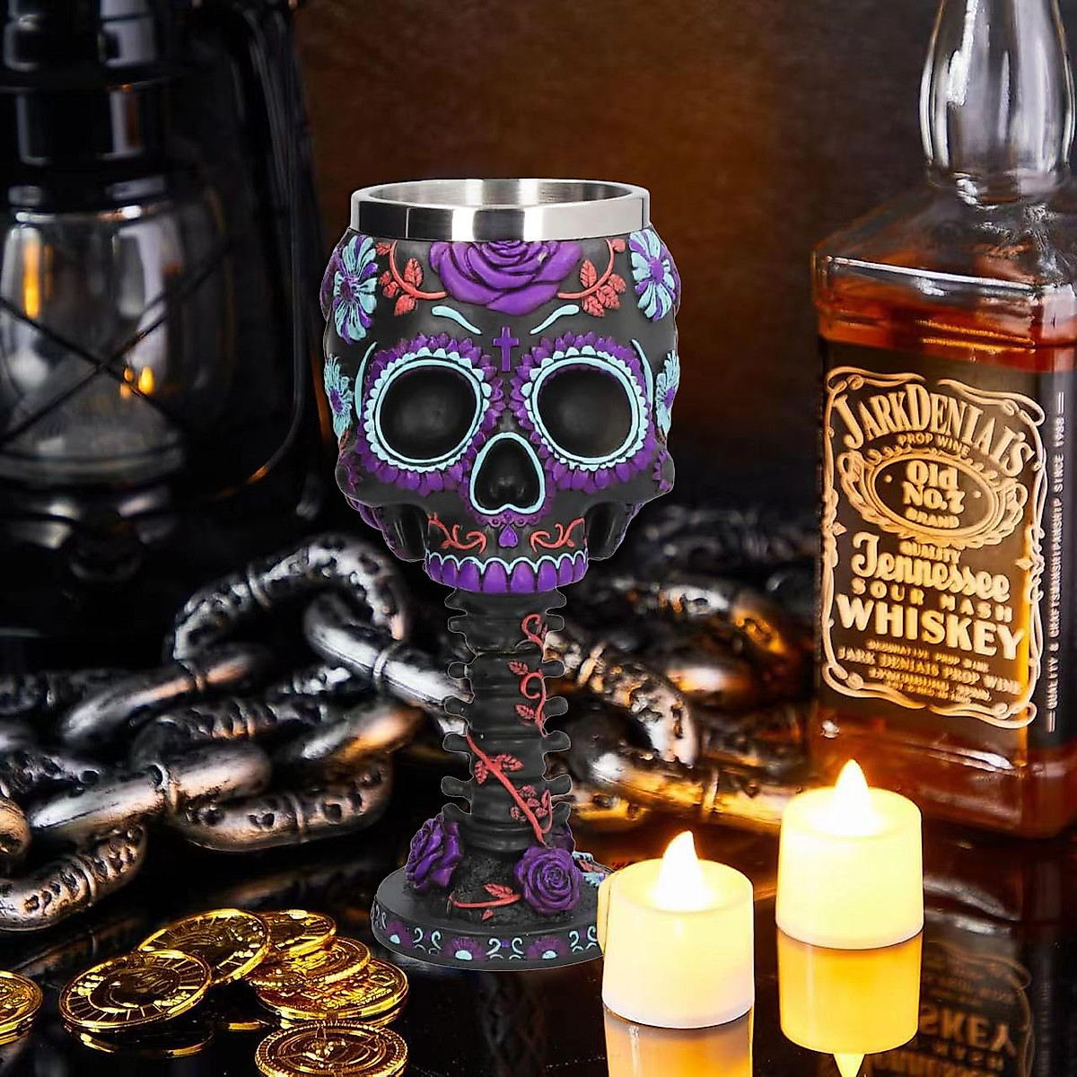 Novelty Skull Wine Goblet Gothic Ossuary Palm Skull Skeletal Bones Armor Wine Cup Resin Body Goblet Drinking Cup Party Drinkware Halloween Decor Accessories for Party (Skull Purple)