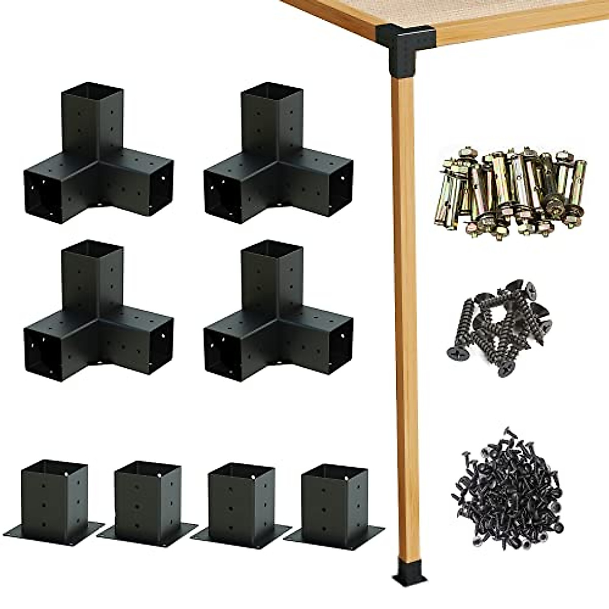 Pergola Kit, 3-Way Right Angle Pergola Brackets, 4 Pack Elevated Wood Stand Kit with Screws for 4x4 (Actual: 3.5x3.5 Inch) Lumber, Woodworks DIY Post Base Kit, Outdoor Pergola Hardware Kit