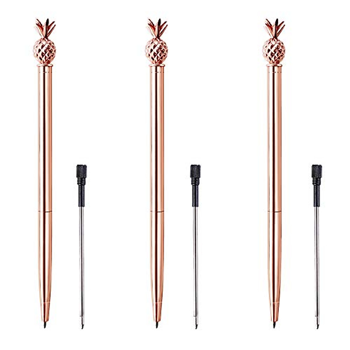 ZZTX 3 PCS Rose Gold Ballpoint Pens Metal Pen Bling Topped with Pineapple with Refills Black Ink Office Supplies Gift Pens For Christmas Wedding Birthday