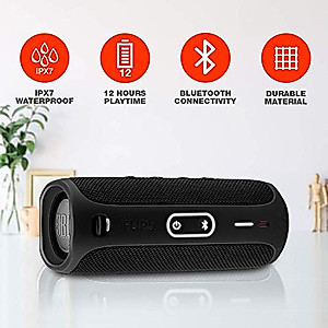 JBL FLIP 5 Portable Wireless Bluetooth IPX7 Waterproof Speaker Bundle with Boomph Microfiber Cloth and USB Type-C Cable - Black