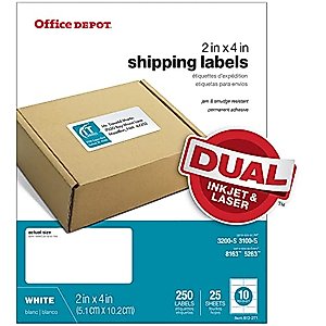 Office Depot White Inkjet/Laser Shipping Labels, 2in. x 4in., Pack Of 250, 505-O004-0007