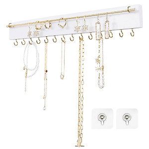 SCUNDA Wall Jewelry Holder Organizer, Adhesive Jewelry Organizer Wall Mount, Space-saving Jewelry Rack with 14 Hooks and Holder, Wooden Jewelry Shelf for Necklace, Earing, Ring, Bracelet(White)