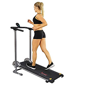Sunny Health & Fitness Foldable Manual Treadmill, Compact Cardio Fitness, Durable Non-Electric Incline Exercise, Walking Tread Pad, Transportation Wheels, Non-Slip Handlebars with Digital Monitor