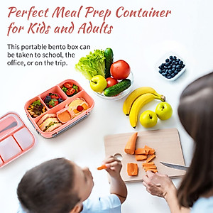 Zezzxu Bento Lunch Box for Kids and Adults, 1300 ML 4-Compartment Bento Box with Accessories, Plastic Lunch Containers Kit, Microwave & Dishwasher & Freezer Safe (Pink)