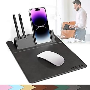Travel Mouse Pad with Pen/Phone Holder - Foldable Portable for Laptop, PU Leather - Small Modern Thin Multifunctional Mouse Pad - Black