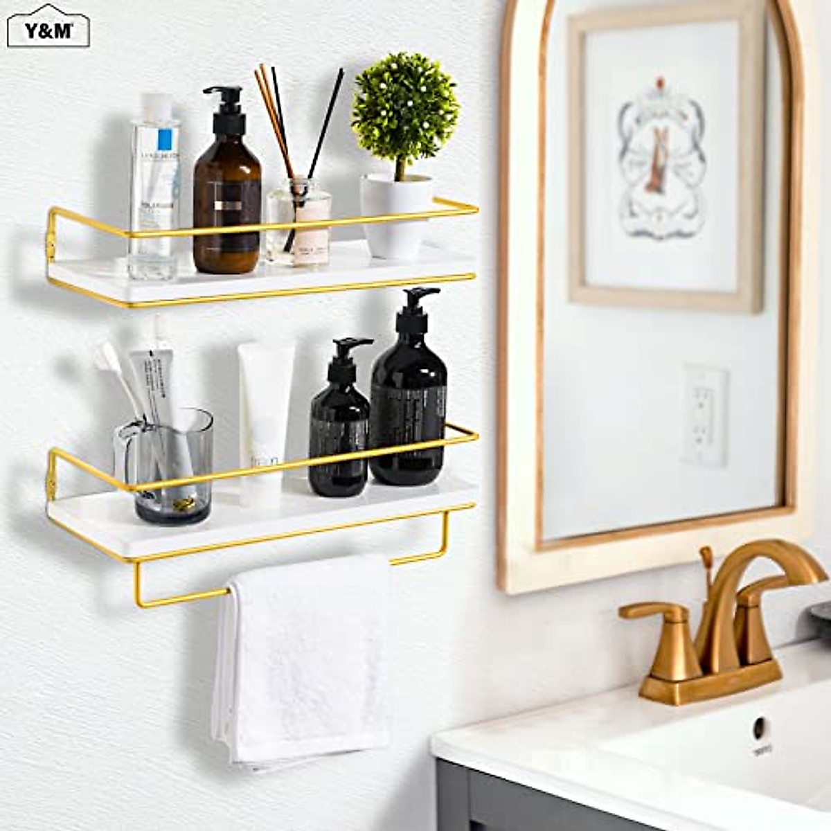Y&M Floating Shelves Bathroom with Removable Towel Rack, Rustic Wall Mounted Storage Shelf for Bedroom, Office, Kitchen, Entryway Decor, White Pine Wood, Modern Golden Metal Frame - Set of 2