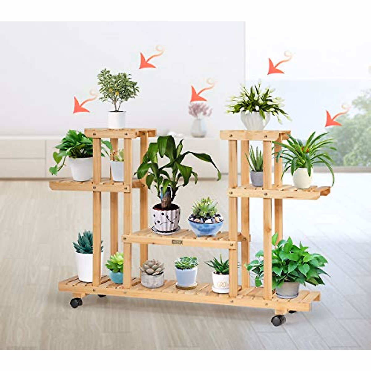 Happygrill Plant Stand Flower Display Rack Wooden Plant Shelves Bonsai Display Shelf with Wheels