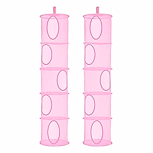 Libeder Mesh Hanging Storage Space Saver Bags Organizer,Foldable Storage Organizer 5 Compartments Toy Storage Basket for Kids Room Bathroom 2 Sets Pink