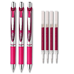 Pentel EnerGel Deluxe RTX Liquid Gel Ink Pen Set Kit, Pack of 3 with 4 Refills (0.7mm) (Pink)