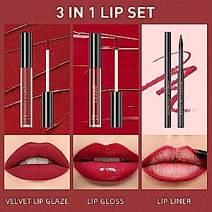 MAEPEOR All In One Lip Kit 3 In 1 Smooth Lipliner Lipgloss and Lipstick Set with Matte Velvet Liquid Lipstick Hydrating Moisturizing Lip Gloss and Creamy Lip Liner (Kit 12, Black Magic)