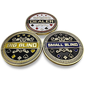 Luck Lab Set of 3 Metal Poker Buttons - Dealer Button, Big Blind and Small Blind Metal Weights (Position Markers) for Texas Hold Em - 1.75 inch