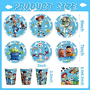 Toy Inspired Story Birthday Party Supplies Toy 120pcs Disposable Story Paper Plates and Napkins for Toy Inspired Story Party Decorations Cups Tablecloth for Boys Girl Birthday Decor, Serve 30