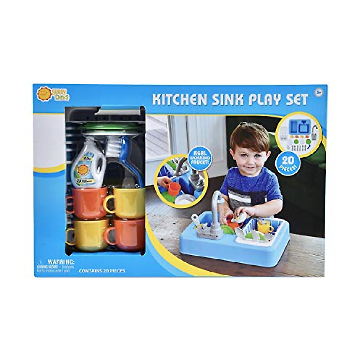 Sunny Days Entertainment Kitchen Sink Play Set with Running Water – 20 Piece Pretend Play Toy for Boys and Girls | Kids Kitchen Role Play Dishwasher Toys, Multi