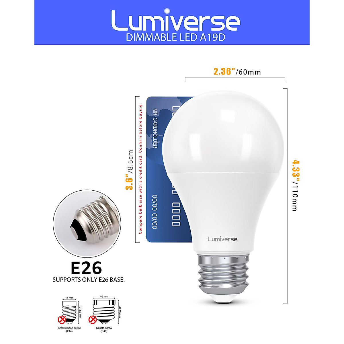 Lumiverse A19 LED Light Bulbs Dimmable, 5000k Daylight White 9.5 Watt [60w Equivalent], E26 LED Bulb Energy Efficient, UL Listed (5000k, Pack of 12)